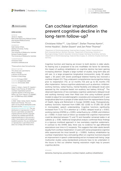 Pdf Can Cochlear Implantation Prevent Cognitive Decline In The Long Term Follow Up