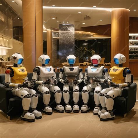 A Group Of Robots Sitting On A Couch Captured Beautifully Premium Ai