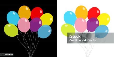 풍선 세트입니다 풍선의 무리 문자열 스레드에 다채로운 투명 헬륨 장난감 공중을 통해 비행 하늘 플랫 디자인 격리 흰색과 검은 색 배경 개체 그룹에 대한 스톡 벡터 아트 및