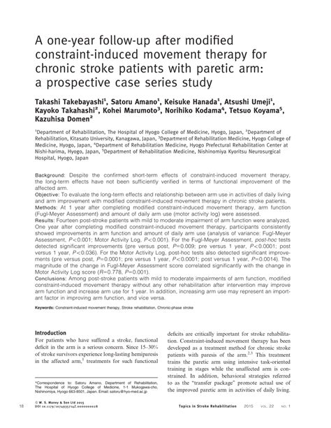 Pdf A One Year Follow Up After Modified Constraint Induced Movement Therapy For Chronic Stroke