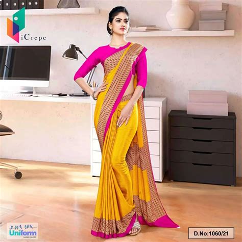 Yellow Rani Premium Italian Silk Crepe Uniform Sarees For Annual