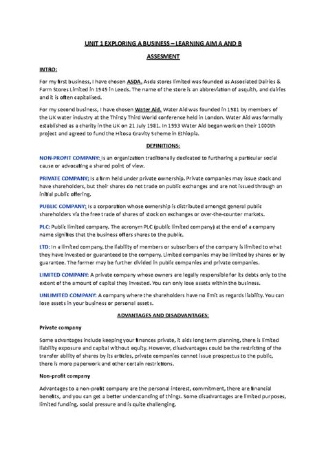 Level 3 Business Unit 1 Assignment 1 Unit One Exploring Business Assignment Title Features