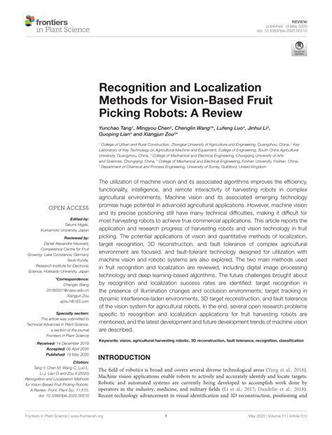 Pdf Recognition And Localization Methods For Vision Based Fruit Picking Robots A Review