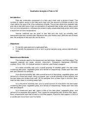 Biochemistry Of Lipids Or Fats Lab Report Pdf Qualitative Analysis Of Fats Or Oil Introduction