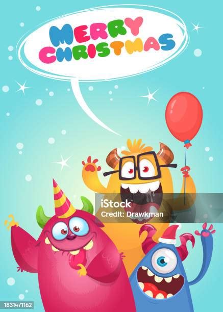다른 얼굴 표정으로 설정된 만화 행복한 괴물 메리 크리스마스 파티 초대장 또는 포스터 새해 휴일 디자인입니다 벡터 일러스트 레이 션 Bigfoot에 대한 스톡 벡터 아트 및