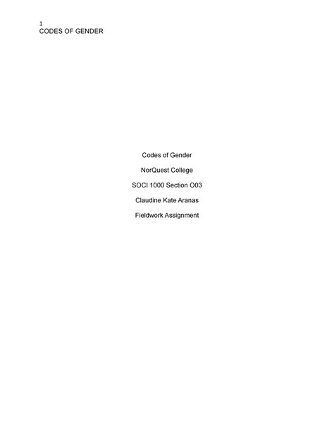 Codes Of Gender Assignment CODES OF GENDER Codes Of Gender NorQuest College SOCI
