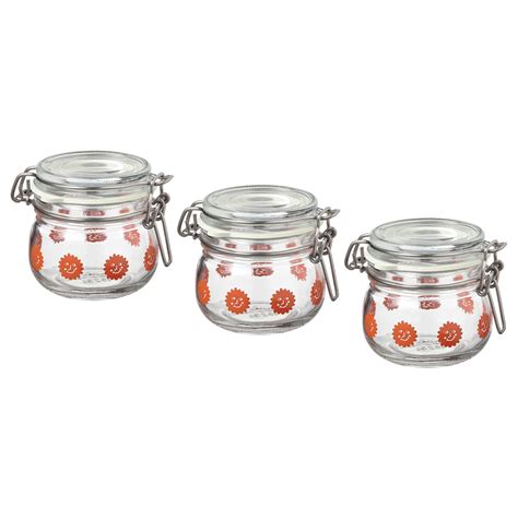 Korken Jar With Lid Clear Glass Patternedbright Orange Ikea