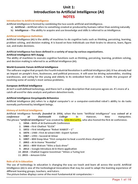 Unit 1 Notes Introduction To Artificial Intelligence Pdf