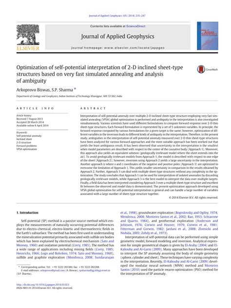 Pdf Optimization Of Self Potential Interpretation Of 2 D Inclined Sheet Type Structures Based