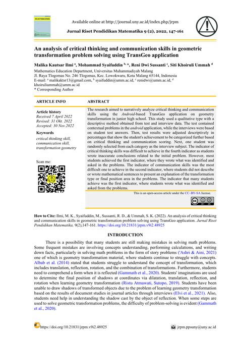 Pdf Analysis Of Critical Thinking And Communication Skills In Geometric Transformation Problem