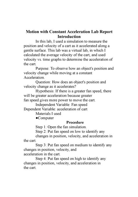 Lab Report Motion With Constant Acceleration Motion With Constant Lab Report Motion With Constant Acceleration Motion With Constant