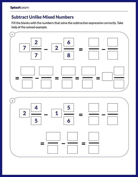 Unlike Mixed Numbers Subtraction Worksheet
