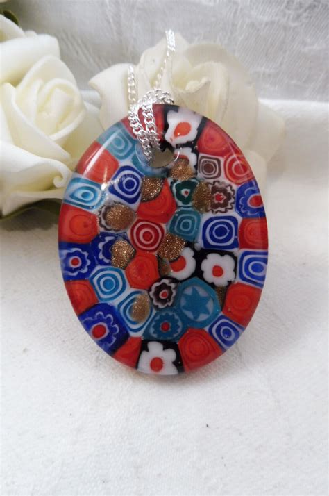 Large Oval Vintage Venetian Murano Glass Glitter Pend Gem