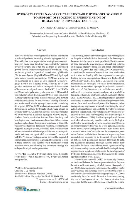 Pdf Hydroxyapatite Nanoparticle Injectable Hydrogel Scaffold To Support Osteogenic