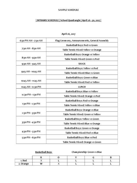 Sample Intramurals Schedule Green Red