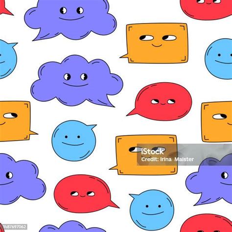 다채롭고 재미있고 귀여운 말풍선 캐릭터가 있는 장식적인 이음매 없는 패턴 거품과 프레임의 펑키한 만화 캐릭터가 있는 패턴 다중 색상에 대한 스톡 벡터 아트 및 기타 이미지