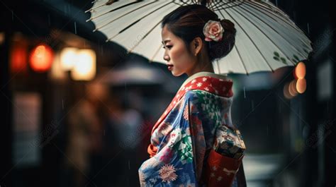비오는 날 일본 전통 기모노를 입은 아름다운 젊은 여성 어린 배경 다이 배경 전통 배경 이미지 Hd 어린 다이 전통 배경 사진 무료 다운로드 Lovepik