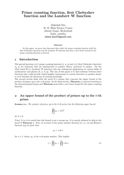 Pdf Prime Counting Function First Chebyshev Function And The Lambert