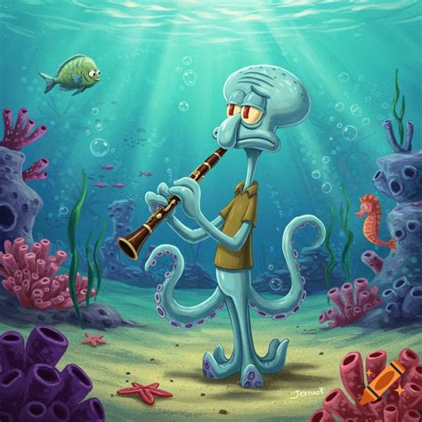 Squidward Tentacles Playing A Clarinet Like Instrument Underwater