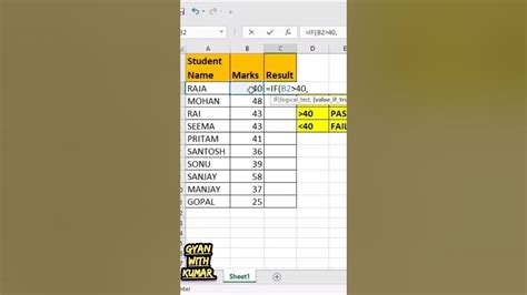if pass or fail trandingshorts shorts excel tutorial excelgyan
