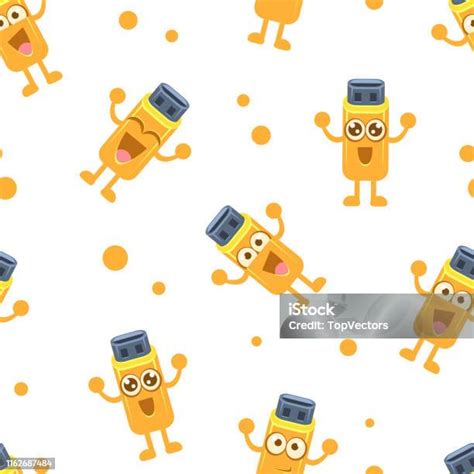 Usb 원활한 패턴 재미 플래시 드라이브 만화 캐릭터 디자인 요소는 배경 화면 포장 배경 벡터 일러스트레이션에 사용할 수 있습니다 Usb 케이블에 대한 스톡 벡터 아트 및