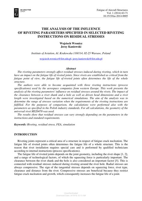 Pdf The Analysis Of The Influence Of Riveting Parameters Specified In Selected Riveting