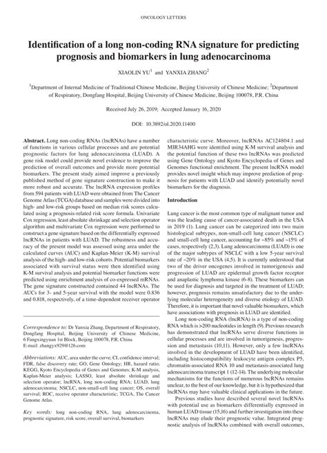 Pdf Identification Of A Long Non‑coding Rna Signature For Predicting