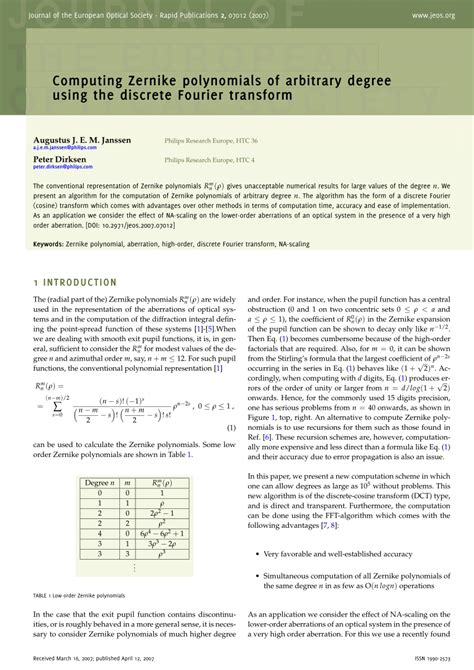 Pdf Computing Zernike Polynomials Of Arbitrary Degree Using The Discrete Fourier Transform