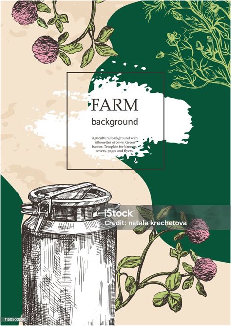 농업 브로셔 샘플 커버 우유 수와 초원 꽃입니다 유제품 농장에 대 한 템플릿입니다 전단지 배너 포스터에 대 한 배경입니다 0명에 대한 스톡 벡터 아트 및 기타 이미지