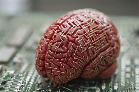 Red Brain With Circuit Board Pattern Laying On Circuit Board Stock