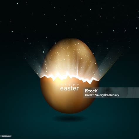 깨진 황금 부활절 달걀은 우주를 낳았다 어두운 배경에 금의 부활절 달걀에 균열에서 빛과 별의 광선 벡터 창조적 인 인사말 카드 디자인 금색에 대한 스톡 벡터 아트 및 기타