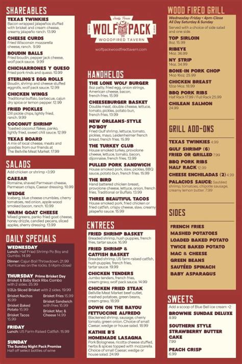 Menu Wolfpack Woodfired Tavern Sealy