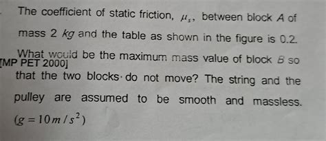 The coefficient of static friction μs between block A of mass kg and