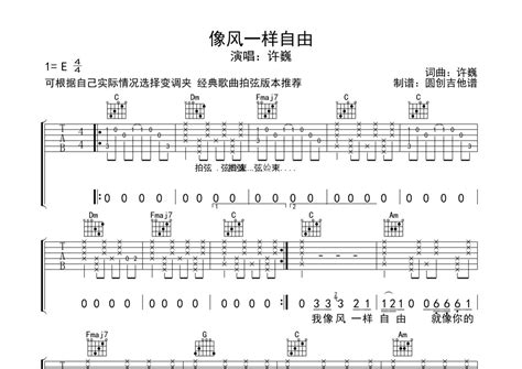像风一样自由吉他谱 许巍 E调吉他弹唱谱 拍弦版 琴谱网