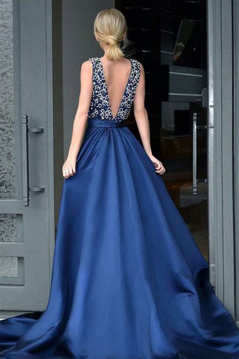 Sexy Prom Dresses A Line V Neck Rhinestone Dark Navy Sexy Long Prom Dr Anna Promdress