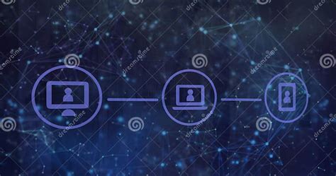 Image Of Icons Over Illuminated Dots Connected With Lines Forming Geometric Shape Stock