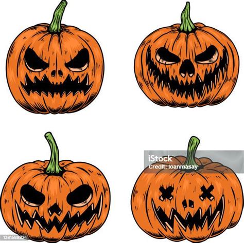 무서운 할로윈 호박의 일러스트 레이션 세트 포스터 카드 배너 기호 엠블럼을 위한 디자인 요소 벡터 일러스트레이션 조각품에 대한