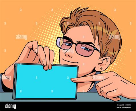 a man with glasses points to the screen of a smartphone proposal of a new function product