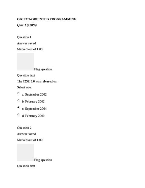 Oop Exams Answers Object Oriented Programming Quiz 1 100 Question 1 Answer Saved Marked