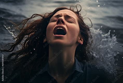 A Red Headed Woman Under Water Screaming With Her Mouth Open Drowning In Water Staggering