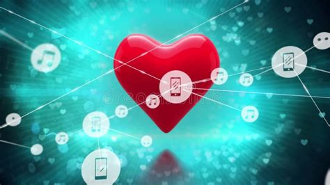 Animation Of Icons Connected With Lines Over Heart With Lens Flares