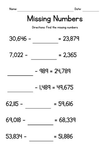 Subtraction Worksheets Missing Numbers Teaching Resources