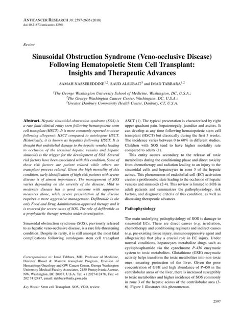 Sinusoidal Obstruction Syndrome Veno Occlusive Disease 2018 Pdf Hematopoietic Stem Cell