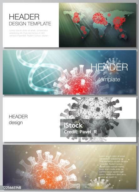 헤더의 벡터 레이아웃 웹 사이트 바닥글 수평 전단지 웹 사이트 헤더 배경에 대한 배너 디자인 템플릿 코로나 바이러스의 3d 의료