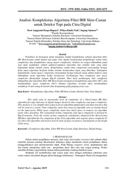 Pdf Analisis Kompleksitas Algoritma Filter Irr Shen Castan Untuk Deteksi Tepi Pada Citra