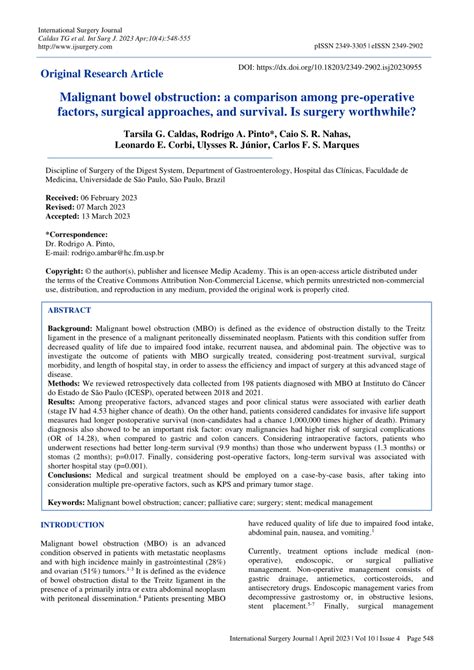 Pdf Malignant Bowel Obstruction A Comparison Among Pre Operative Factors Surgical Approaches