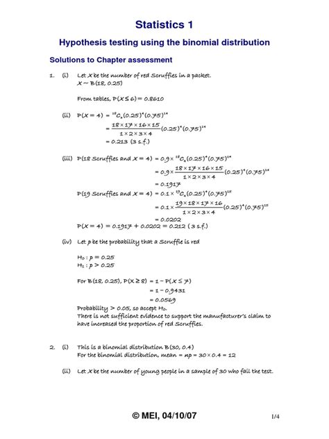 Statistics 1 Hypothesis Testing Using The Binomial Distribution Pdf Statistical