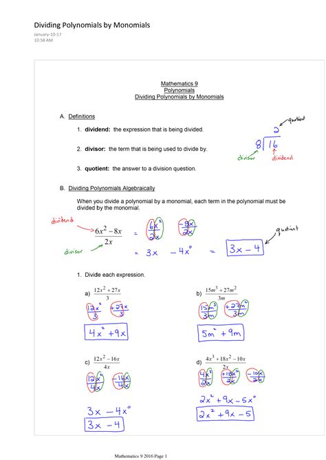Polynomials Multiplying And Dividing Monomials Worksheets Library