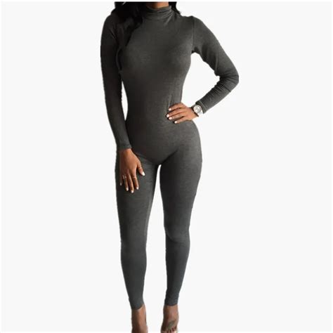 2018 New Women One Piece Jumpsuits Long Sleeve Turtleneck Bodycon Back Zipper Long Pants Sexy