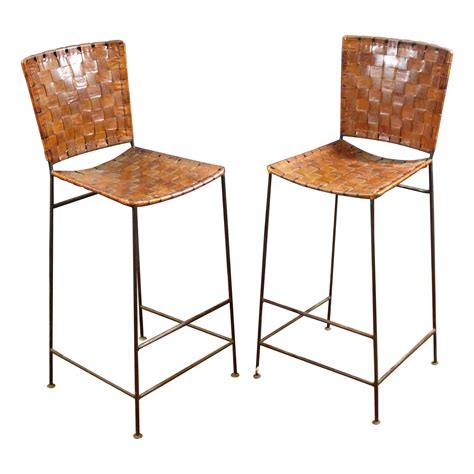 Pair Of Bar Stools In Woven Saddle Brown Leather At 1stdibs